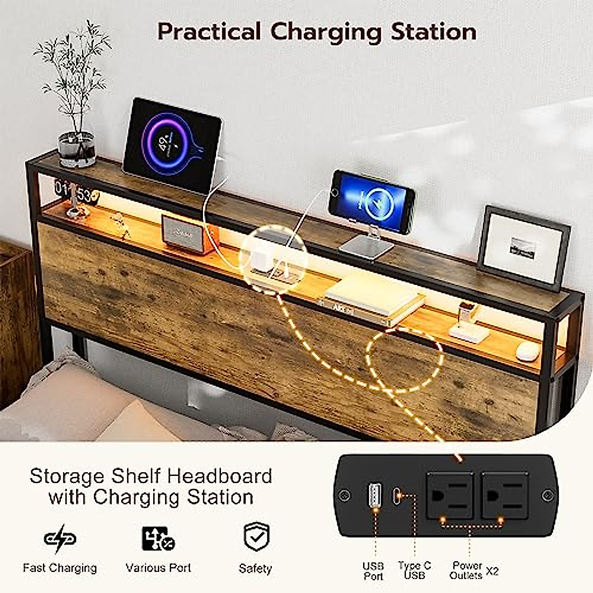 IKIFLY Queen Size Storage Headboard with LED Lights & Charging Station - Industrial Metal and Wood Queen Headboard Only for Bedroom, Attach Frame, Easy Assembly - Rustic Brown