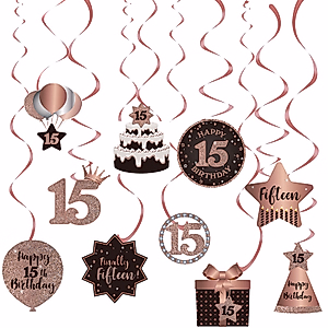 Happy 15th Birthday Hanging Swirls Streams Ceiling Decorations, Celebration 15 Foil Hanging Swirls with Cutouts for 15 Years Old Rose Gold Birthday Party Decorations Supplies