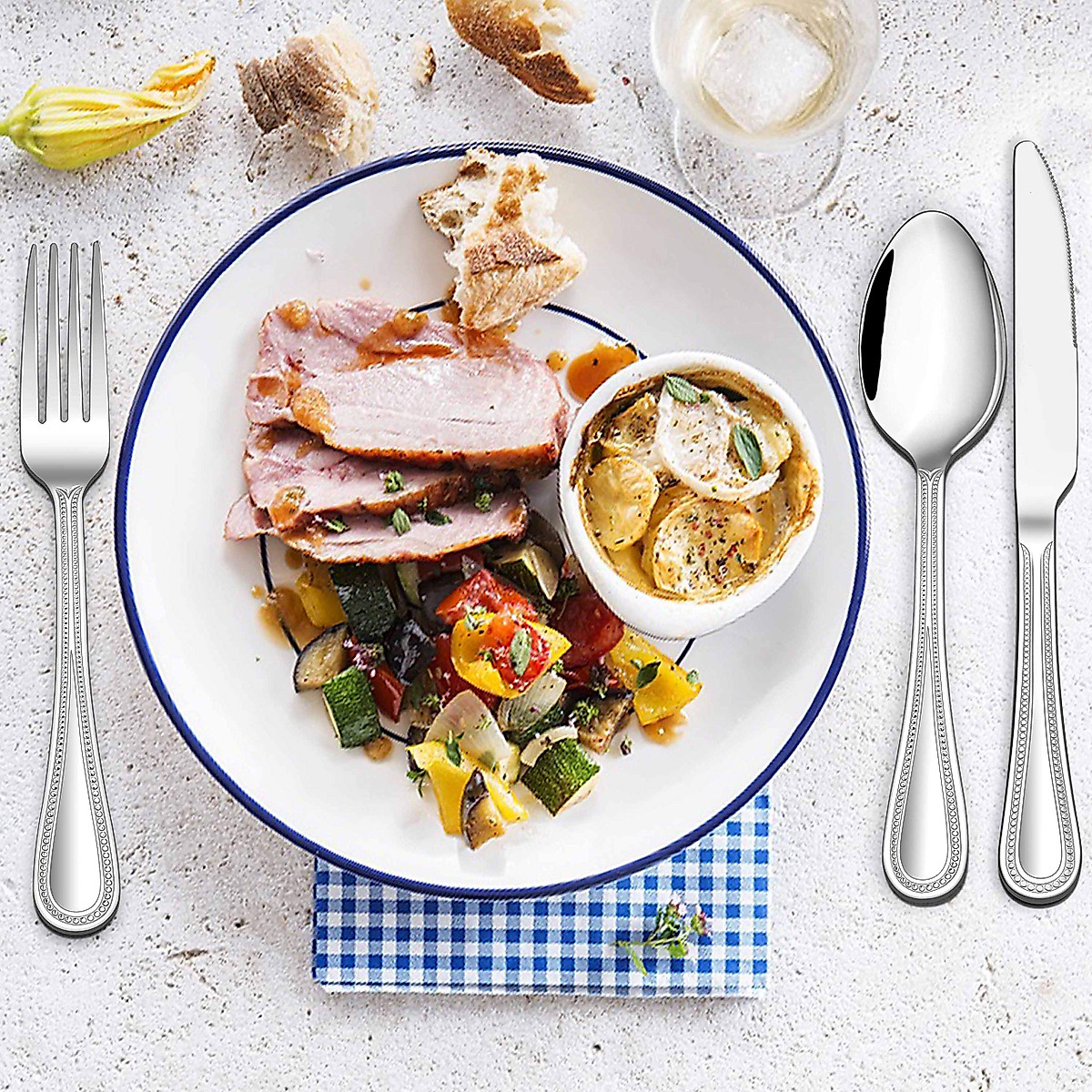 Homikit 77-Piece Silverware Set with Steak Knives and Serving Utensils, Stainless Steel Flatware Cutlery Set for 12, Modern Eating Utensil Tableware Sets with Pearled Edge, Include Knife Spoon Fork