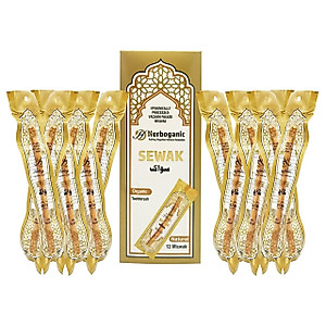 HERBOGANIC Natural Miswak, All Natural Traditional Tooth Brush for Oral Health, Hygiene, Fresh Breath, Light Weight, Vacuum Sealed (Pack of 12)