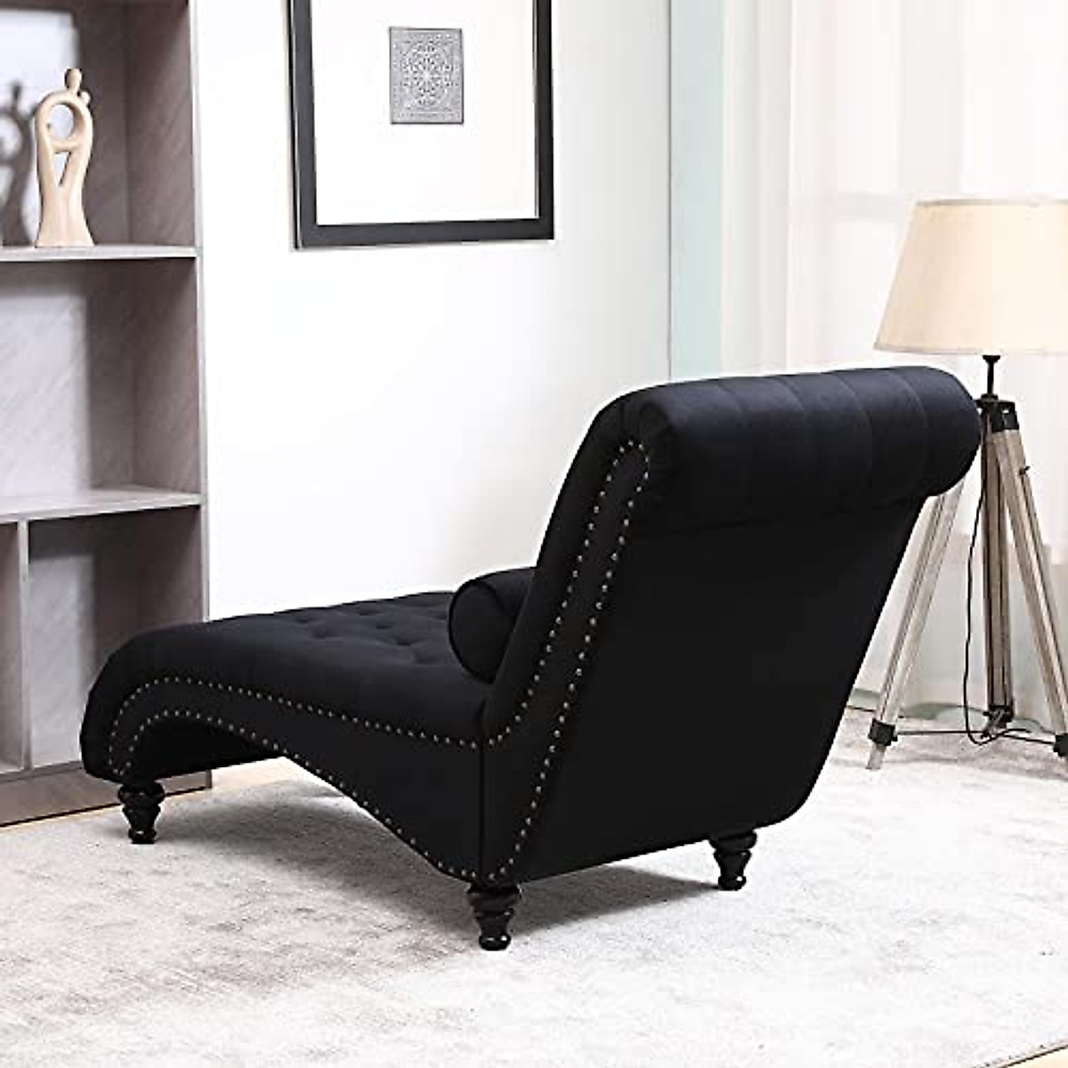 ONPNO Tufted Velvet Chaise Lounge Indoor, Leisure Accent Chair Upholstered Couch with Toss Pillow for Bedrooom Living (Black) 55.1D x 25W x 34.3H in