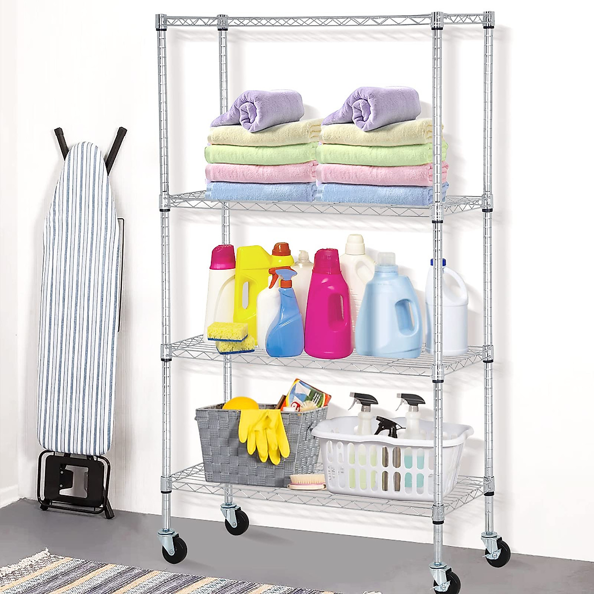 YYkokocat 4 Tier Shelving Unit 62" H Adjustable Metal Shelves w/Wheels Heavy Duty Storage Shelf 1400Lb Capacity Garage Shelving Storage Wire Shelving for Kitchen, 36" L x 14" D x 62" H, Chrome