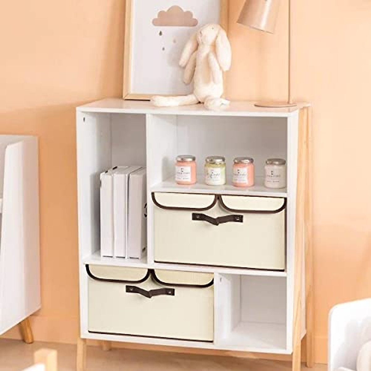 ShellKingdom Large Storage bins, 2 Set Foldable Linen Fabric Storage Cubes Organizer with Lid, Leather Handles, Removable Divider for Home, Closet, Toys, Cloth Storage Boxes - 16.5x11.8x9.8'' (Beige)