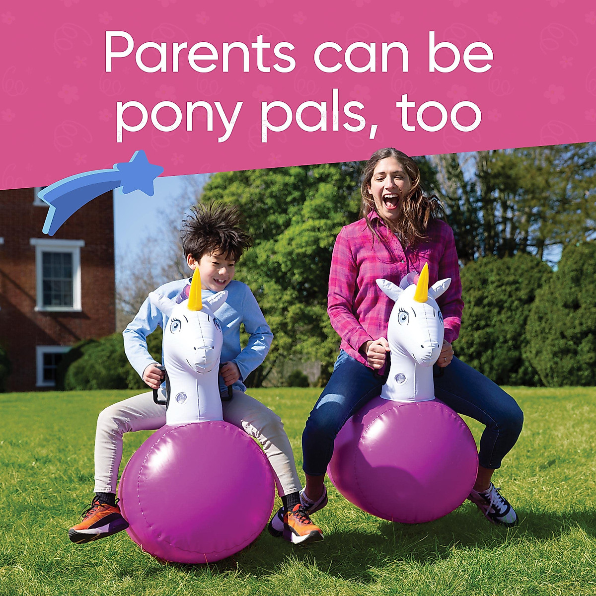 Hearthsong Hop N Go Inflatable Unicorn Riding Bouncy Hopping Toys for Kids Ages 5+ - Ride On Bouncer Animal Hopper Jumping Toys for Outdoor Games (2 Pack)