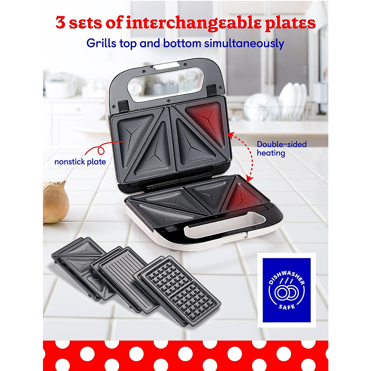 Betty Crocker 3-in-1 Indoor Grill, Sandwich/Panini Press & Waffle Maker Plus, Electric Grill Indoor with Interchangeable Non-Stick Plates, 750 Watts, BC-4965W, White