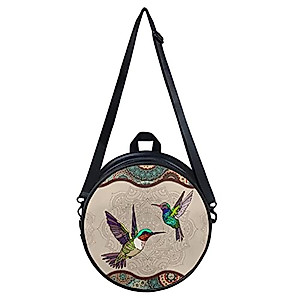 WHOSGNIHT Ethnic Tribal Hummingbird Women Crossbody Circle Bag Purse Waterproof Leather Evening Party Handbag Casual Travel Shopping Shoulder Bag Backpack