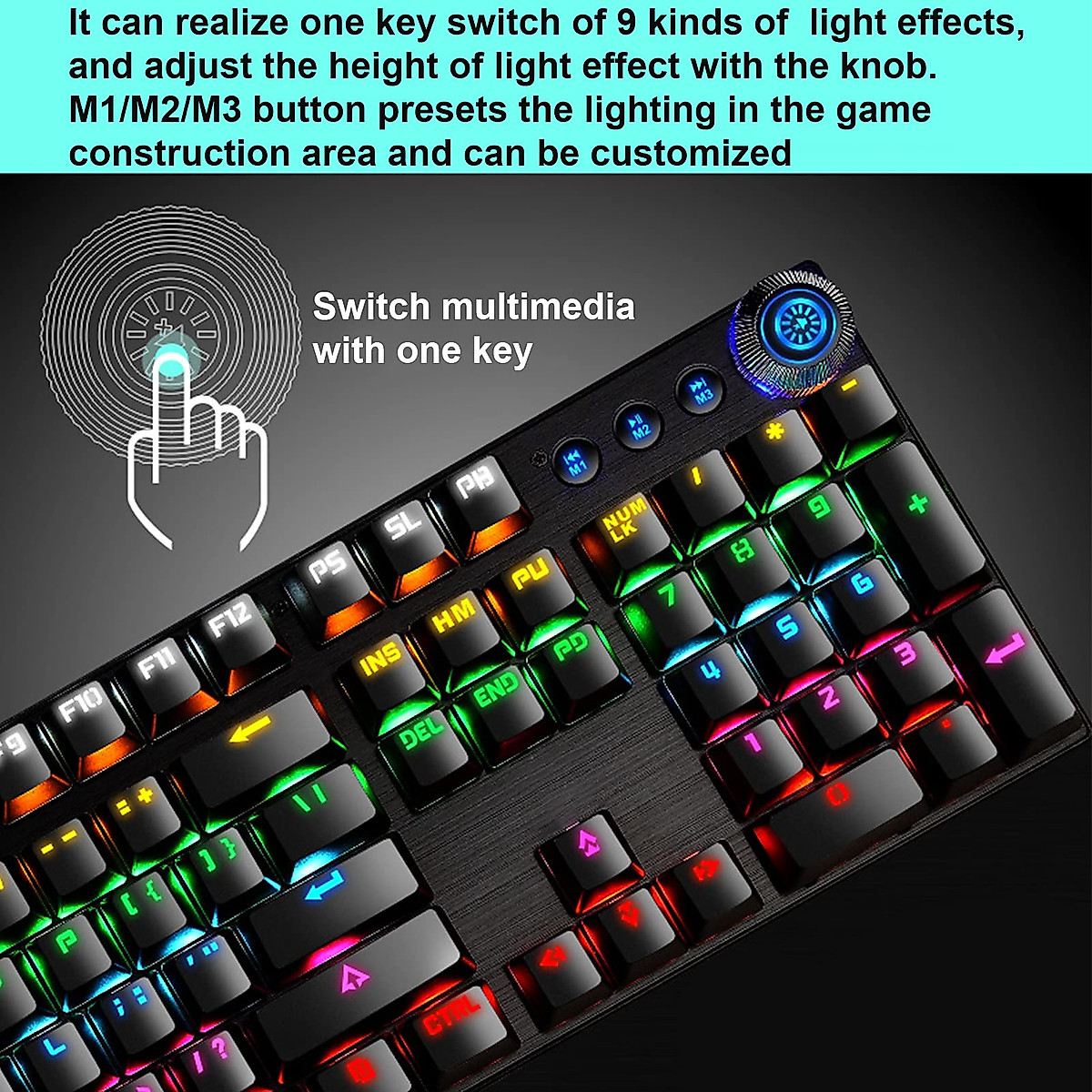 wendeekun Mechanical Illuminated Keyboard, 2 Color Injection 9 Lighting Effects Knob Version, Colorful Backlit Wired 104 Keys Gaming Keyboard