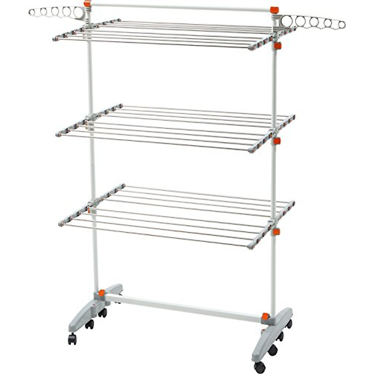 idee BDP-V23 Foldable Rolling 3-Tier Clothes Laundry Drying Rack with Stainless Steel Hanging Rods, Collapsible Shelves and Base for Easy Storage, Made-in-Korea, Premium Size, Orange