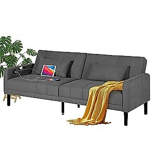 TYBOATLE 82” Modern Upholstered Convertible Folding Futon Sofa Bed, Sleeper Bed Couch w/USB Charging Ports and Pillows, Tufted 3 Seat Loveseat Sofas for Living Room, Apartment, Bedroom (Grey)
