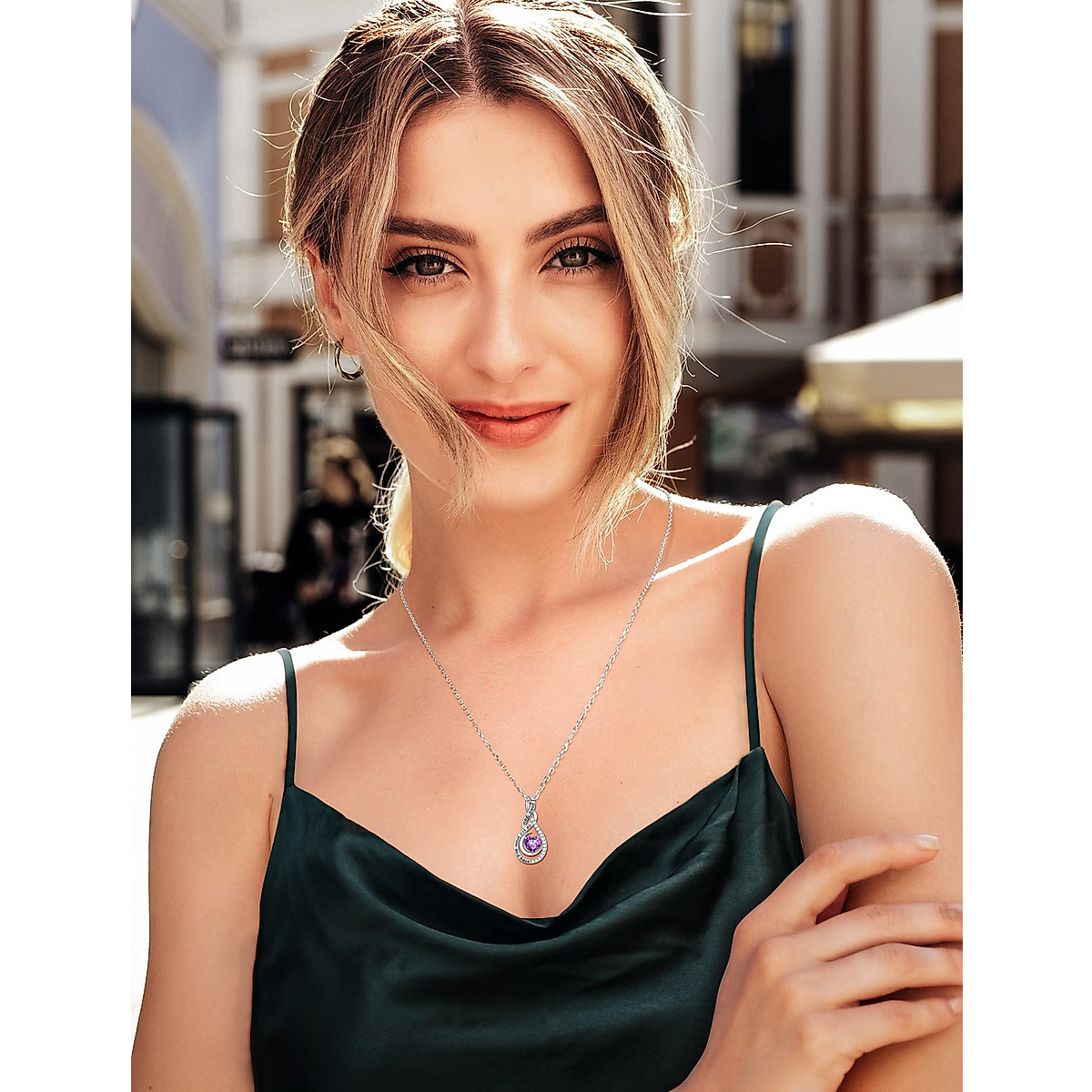 Jowaia Birthstone Necklaces for Women, 925 Sterling Silver Dainty Moon Infinity Pendant Necklace Created Amethyst Necklace Anniversary Birthday Christmas Gifts for Women Wife Mom