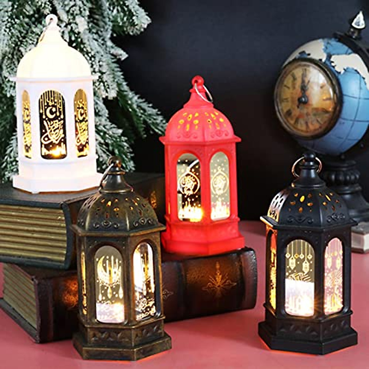 Novobey Ramadan Lantern Decor, Metal Retro Hanging Lantern Battery-Powered LED Eid Mubarak Decorative Night Lights for Ramadan Holiday Garden Yard Wall Decoration (Hexagonal Black)