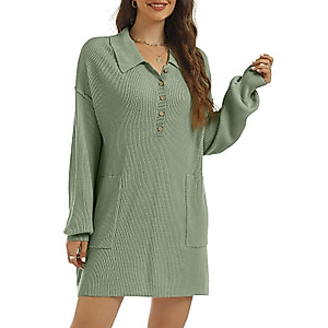 Nfsion Women's Casual Lapel Knit Sweater Button V-neck Long Sleeved Loose Fitting Dress Autumn Oversized Short Skirt Pullover Light green Small