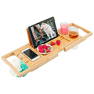 Diosbles Bathtub Caddy Tray Expandable Bamboo Bath Tub Tray Caddy Extendable Bathtub Holders Organizers with Book Ipad Holder and Phone Candle Wineglass Slots