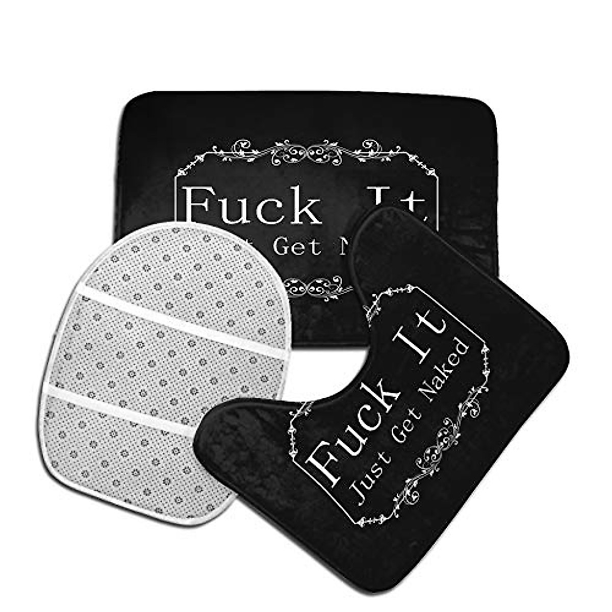 Swono Inspiration Quote Bath Mat 3 Piece Set,Fuck It Just Get Naked Bathroom Antiskid Pad Doormat and Toilet Lid Cover Non-Slip Set