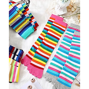 Jeere 6 Pairs Rainbow Toe Socks Women Cotton Knee High Toe Socks With Toes Separated Striped Thigh High Socks Leg Warmers LGBT Pride Long Socks (Black, Grey, Pink, Red, Coffee, Green)