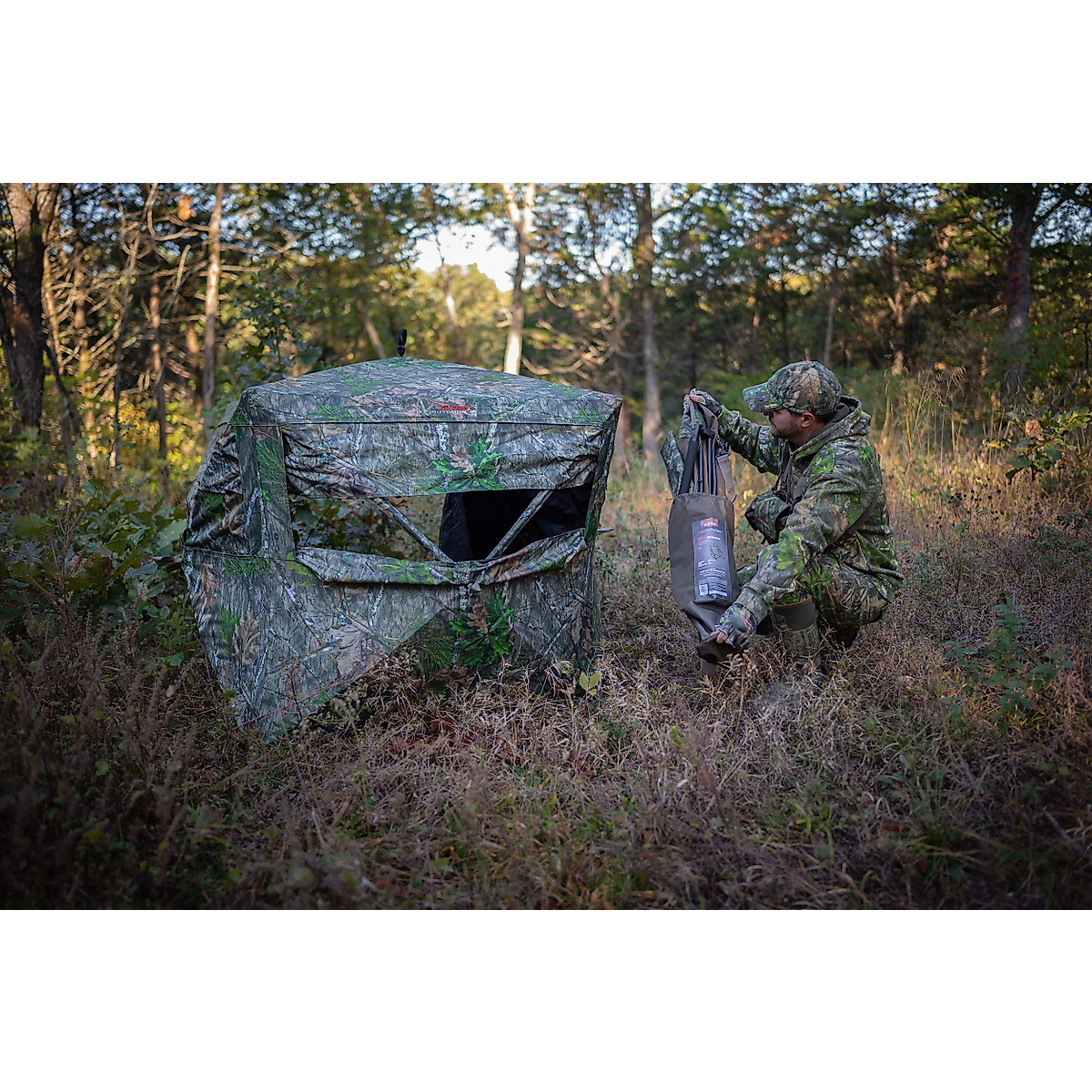 ALPS OutdoorZ Deception Pop Up Hunting Blind Featuring Unique Small Footprint Four Hub Design, Wide Windows with Silent Open, Extra Large Easy Access Door, Mossy Oak Obsession