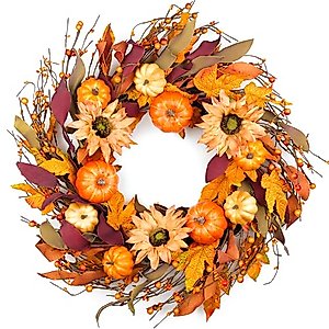 HomeKaren Fall Wreaths for Front Door 22 Inch, Autumn Wreath with Berry Pumpkin, Maple Leaves, Thanksgiving Harvest Festival Decorations Indoor and Outdoor