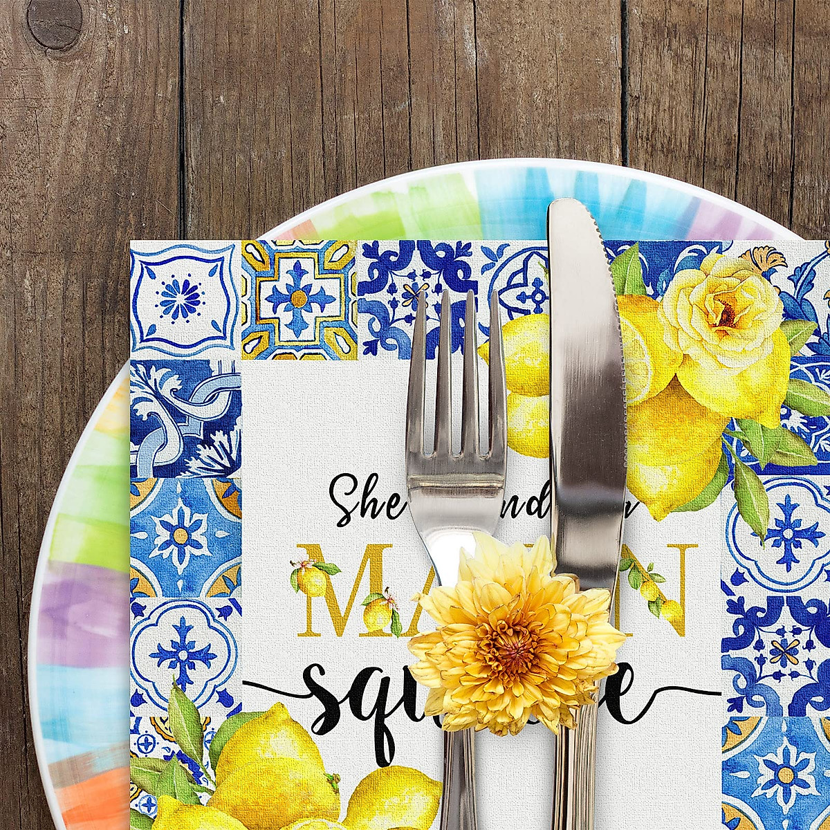 AnyDesign 80 Pack Lemon Luncheon Napkins Disposable She Found Her Main Squeeze Paper Decorative Napkins Blue Tiles Print Dessert Dinner Hand Napkin for Buffet Party Supplies Decoration, 6.5 x 6.5 In