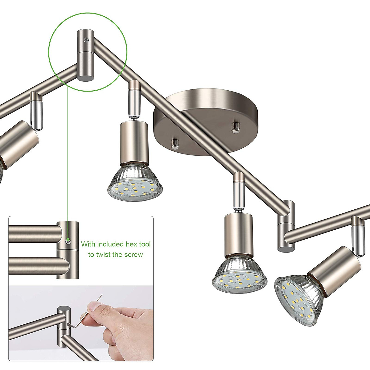 Unicozin LED 6 Light Track Lighting Kit, Matt Nickel 6 Way Ceiling Spot Lighting, Flexibly Rotatable Light Head, Modern Track Light Included 6 x LED GU10 Bulb (4W, Daylight White 5000K, 400LM)