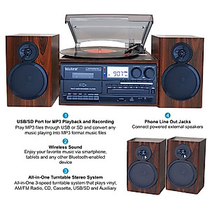 Boytone BT-28MB, Bluetooth Classic Style Record Player Turntable with AM/FM Radio, CD/Cassette Player, 2 Separate Stereo Speakers, Record from Vinyl, Radio, and Cassette to MP3, SD Slot, USB, AUX