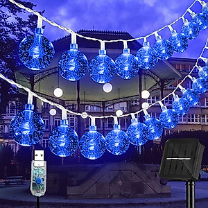 YZIXNUY Solar String Lights Outdoor Waterproof, 30.2FT 60 LED Crystal Globe Fairy Lights Solar Powered& USB Plug-in Powered with 8 Lighting Modes for Indoor Outdoor Party Home Backyard Wedding (Blue)