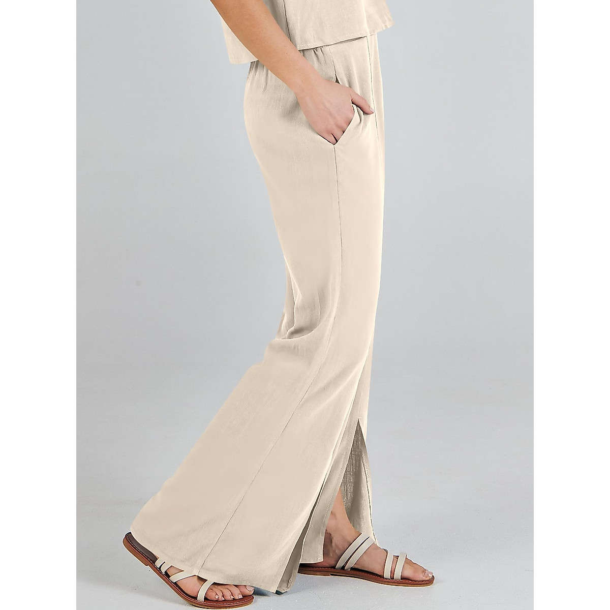 Caracilia Women's Linen Palazzo Pants Summer Beach Boho Wide Leg High Waist Front Split Elastic Waisted Trousers Casual Loose Flowy Pant with Pocket Beige C128A0-mise-S