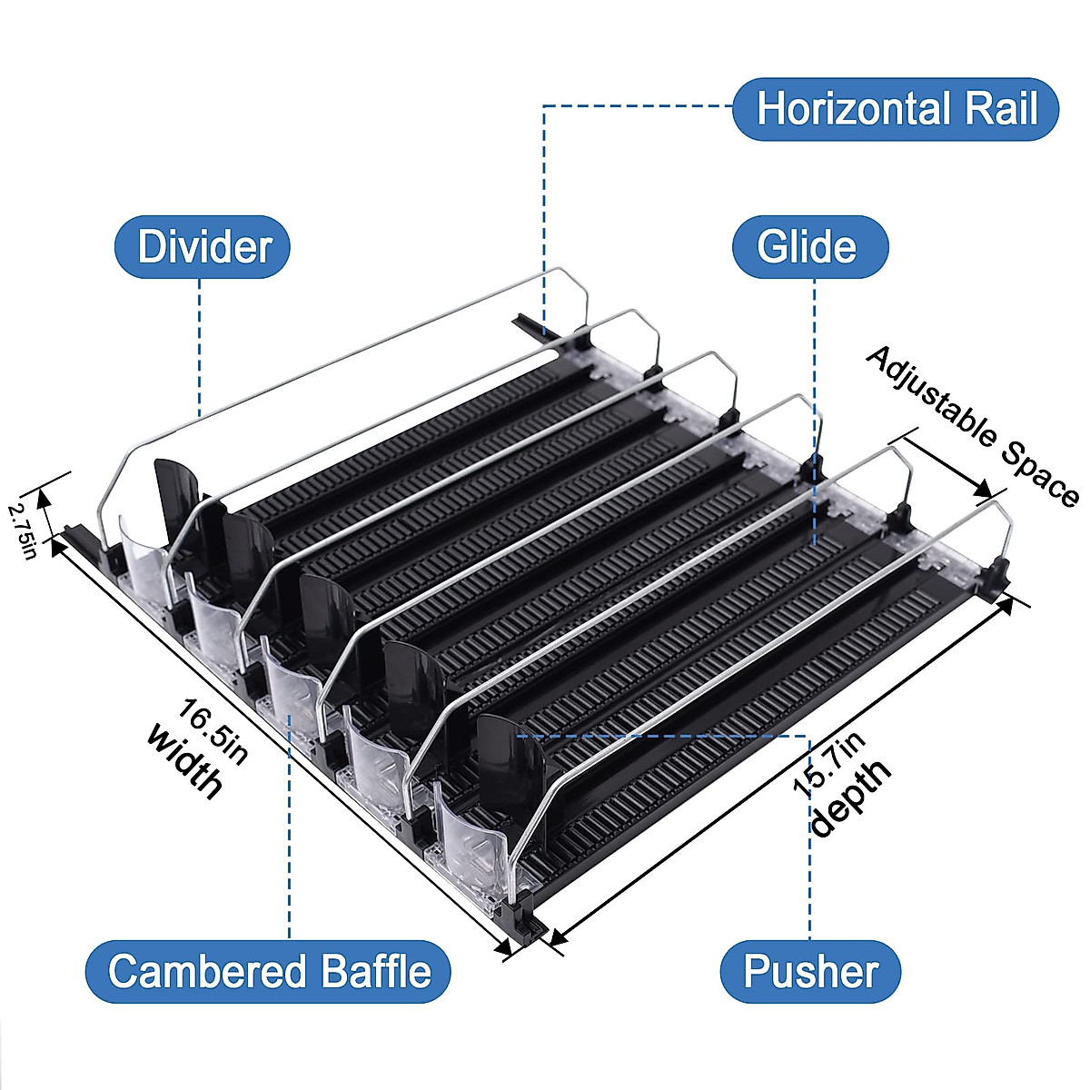 Drink Organizer for Fridge, 5 Rows Large Capacity Pop Cans Beer Bottle Spring Push Rod Wheel Design Slide Rail Organizer Stacking Cans Dispensers for Fridge and Kitchen