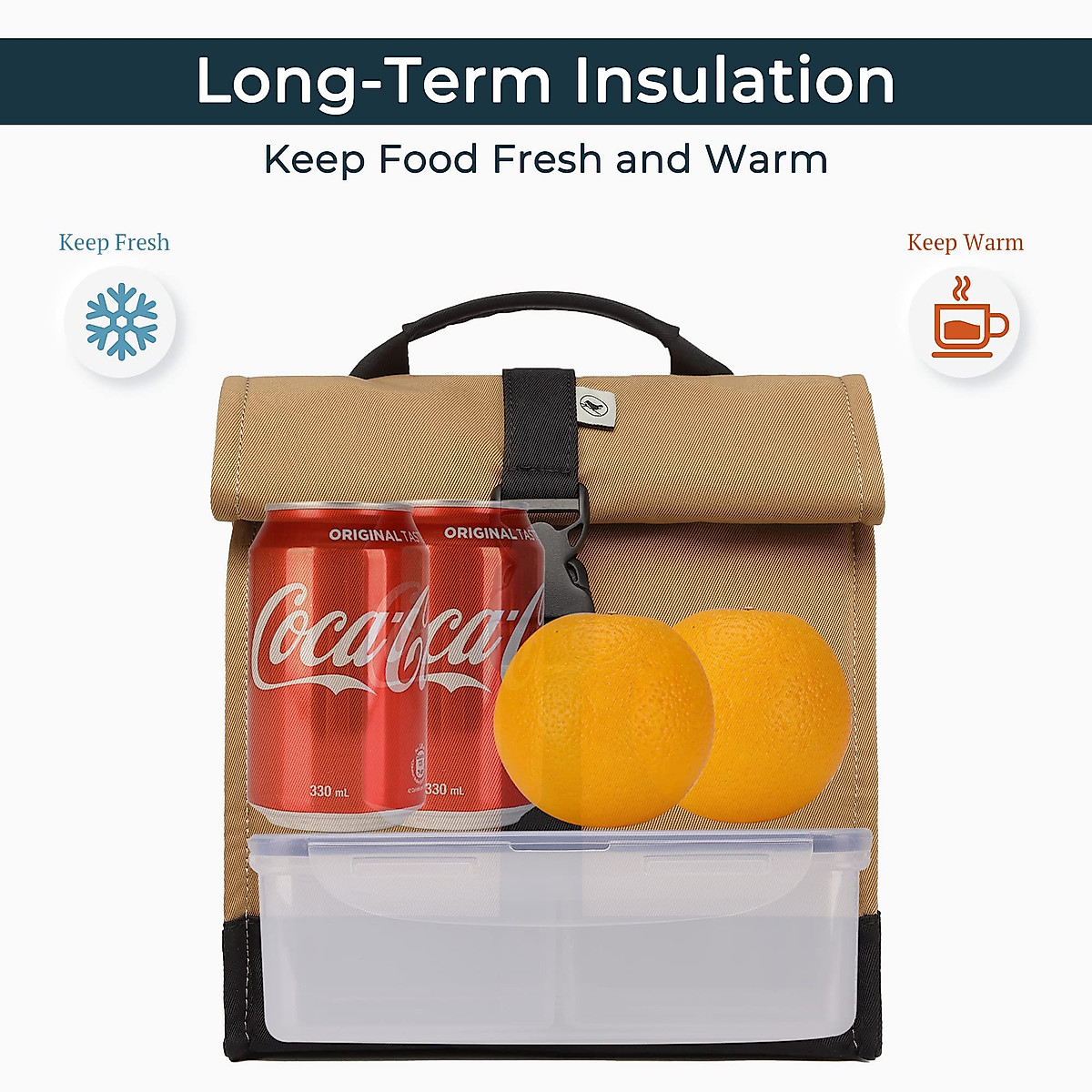 SUNNY BIRD Insulated Lunch Bag Rolltop Lunch Box Tote Bag for Women, Men, Adults and Teens (Brown)