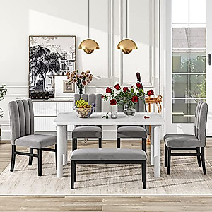 BIADNBZ Set for 6 with Marble Veneer Table and 4 Flannelette Upholstered Dining Chairs & Bench for Kitchen, White+Gray