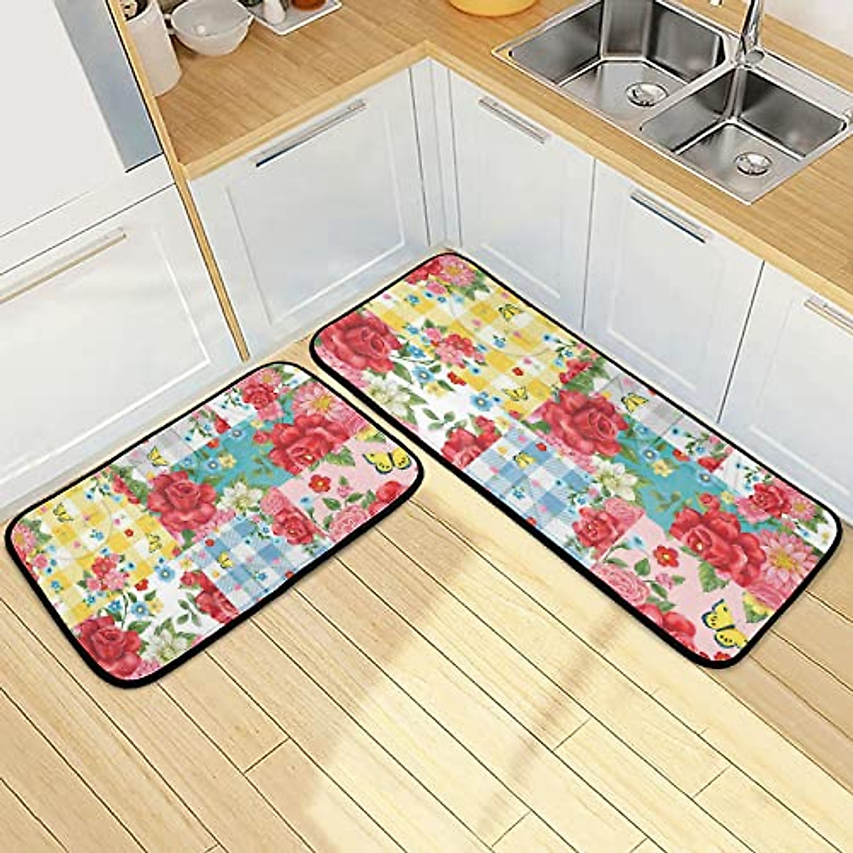 Rose Flower Butterfly Kitchen Mats The Flower Floral Kitchen Rugs Runner Laundry Rug Non Slip Floor Door Mats Soft Doormats Carpet Home Decor Set of 2