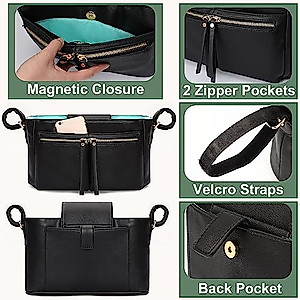 MOMINSIDE Stroller Organizer with Insulated Cup Holders, 10 Pockets Stroller Accessories Leather, Universal Stroller Caddy, Adjustable Straps, Zippered Pocket, Fit All Strollers (Black)