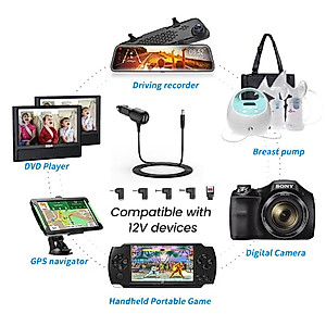 12 Volt DC Car Charger for Portable DVD Player, Universal Replacement Cigarette Lighter Power Cord for RCA, DBPOWER, Sylvania DVD Player, Snailax Seat Cushion, Breast Pump, Dual USB Port Car Charger