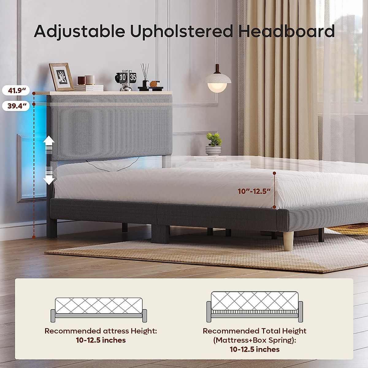 Bestier Queen Size Bed Frame with Headboard, Corduroy Upholstered Adjustable Platform Bed with Storage Shelf, Bedside LED Bed Frame, Solid Wood Slats Support, No Box Spring, No Squeaks(Grey)