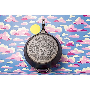 Lodge 13.25 Inch Dolly Parton Pre-Seasoned Cast Iron Stamped Skillet - Signature Teardrop Handle - Use in the Oven, on the Stove, on the Grill, or Over a Campfire - Clear Blue Morning