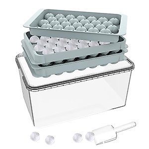 Idosf Round Ice Cube Tray with Lid & Bin for Mini Fridge, Space-Saving Ice Trays for Freezer, 66 x 0.8IN Sphere Ice Cube Mold Making, 2 Pack Circle Ice Makers with Ice Buckets & Scoop