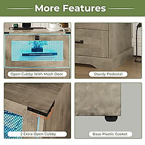 Hasuit Farmhouse Night Stand with LED Lights and Charging Station, Rustic Oak Nightstand with 2 Drawers, and Cubby with Wire Mesh Door, Bedside End Table for Bedroom