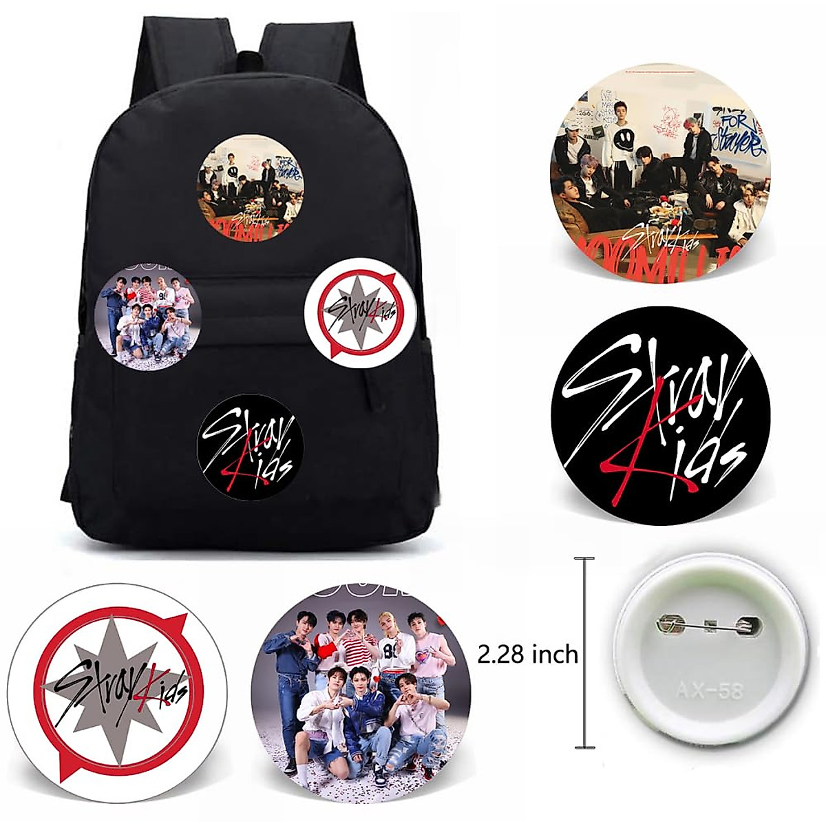 eTel Like Stray Kids Gifts Set, Including Drawstring Bag Backpack, Necklace, Earrings, Bracelets, Button Pins, Lanyard ID Holder, Keychain, Phone Ring Holder, Cartoon Badge