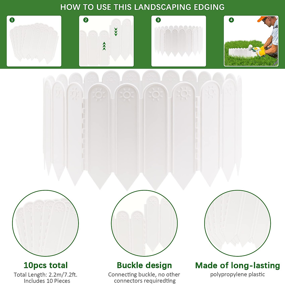 EEOCWF 10PCS White Garden Edging Borders, 8.66"X8.66" Plastic Garden Landscape Edging, 7.2ft Interlocking Decorative Garden Fences Edging, Lawn Edge Flower Bed Border for DIY Patio Walkways Yard