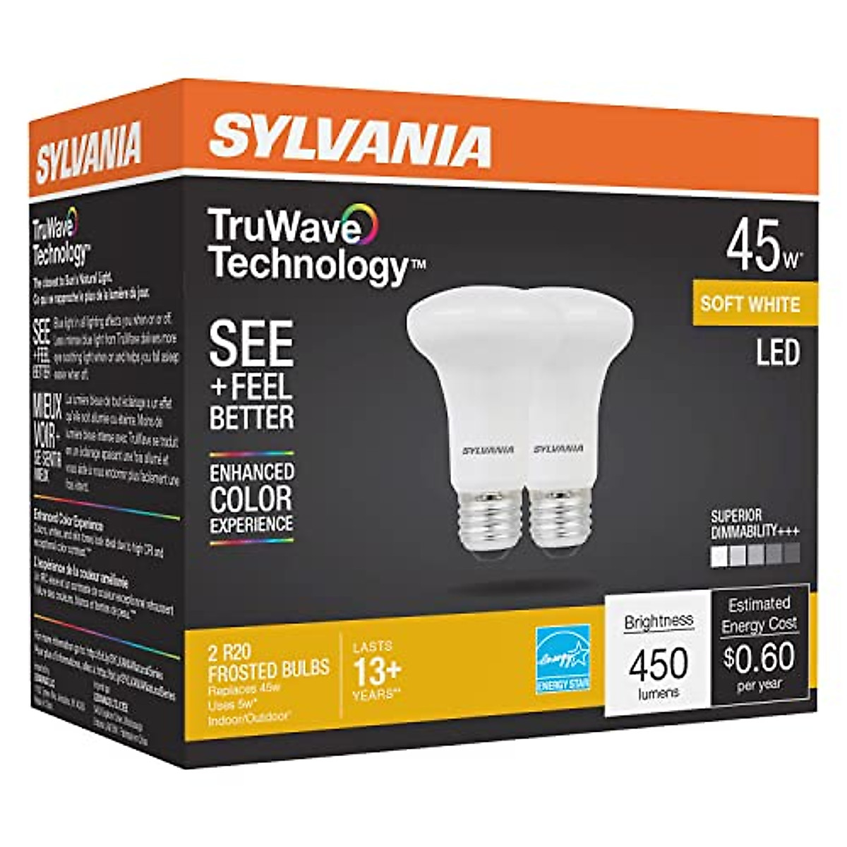 Sylvania LED TruWave Natural Series R20 Light Bulb, 45W Equivalent Efficient 5W, Dimmable, Frosted, 2700K, Soft White - 2 Pack (40788)