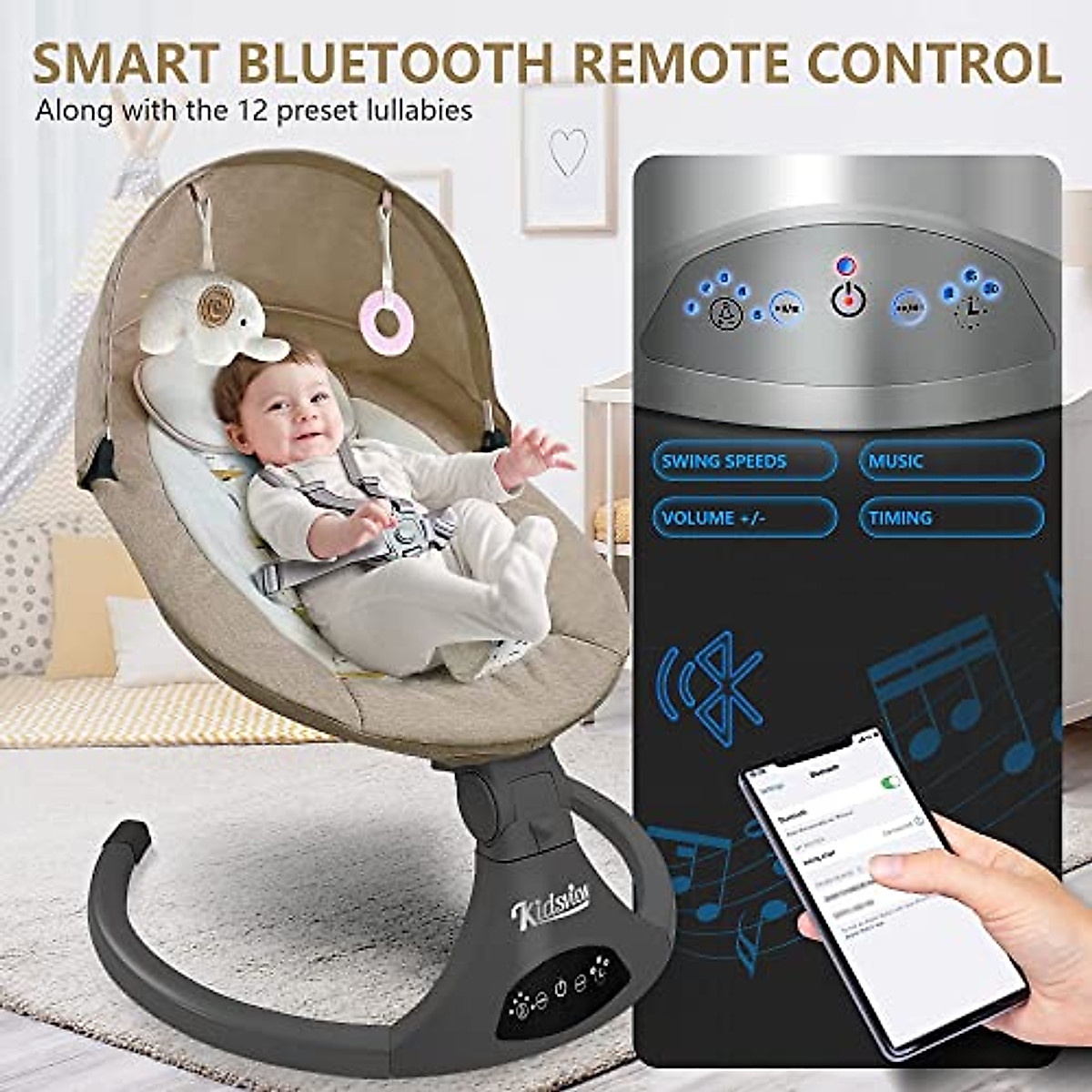 Bluetooth Baby Swing for Infants, 5 Speed Bluetooth Baby Bouncer Music Speaker with 12 Preset Lullabies, Remote Control Indoor Baby Rocker with Touch Screen Chair for 5-20 lb, 0-9 Months (Khaki)