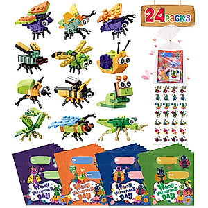Colplay 24 Packs Valentines Day Gifts for Kids, Insect Building Blocks with Valentines Cards for Kids Classroom School & Stickers, Class Gifts Exchange, Party Favors for Kids Boys Girls