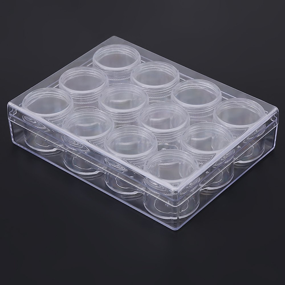 Plastic Container,Rectangle Clear Plastic Jewelry Beads Storage Box W/12 Round Bottle Container Tiny Jars 20g/15g(12 grid 15g)