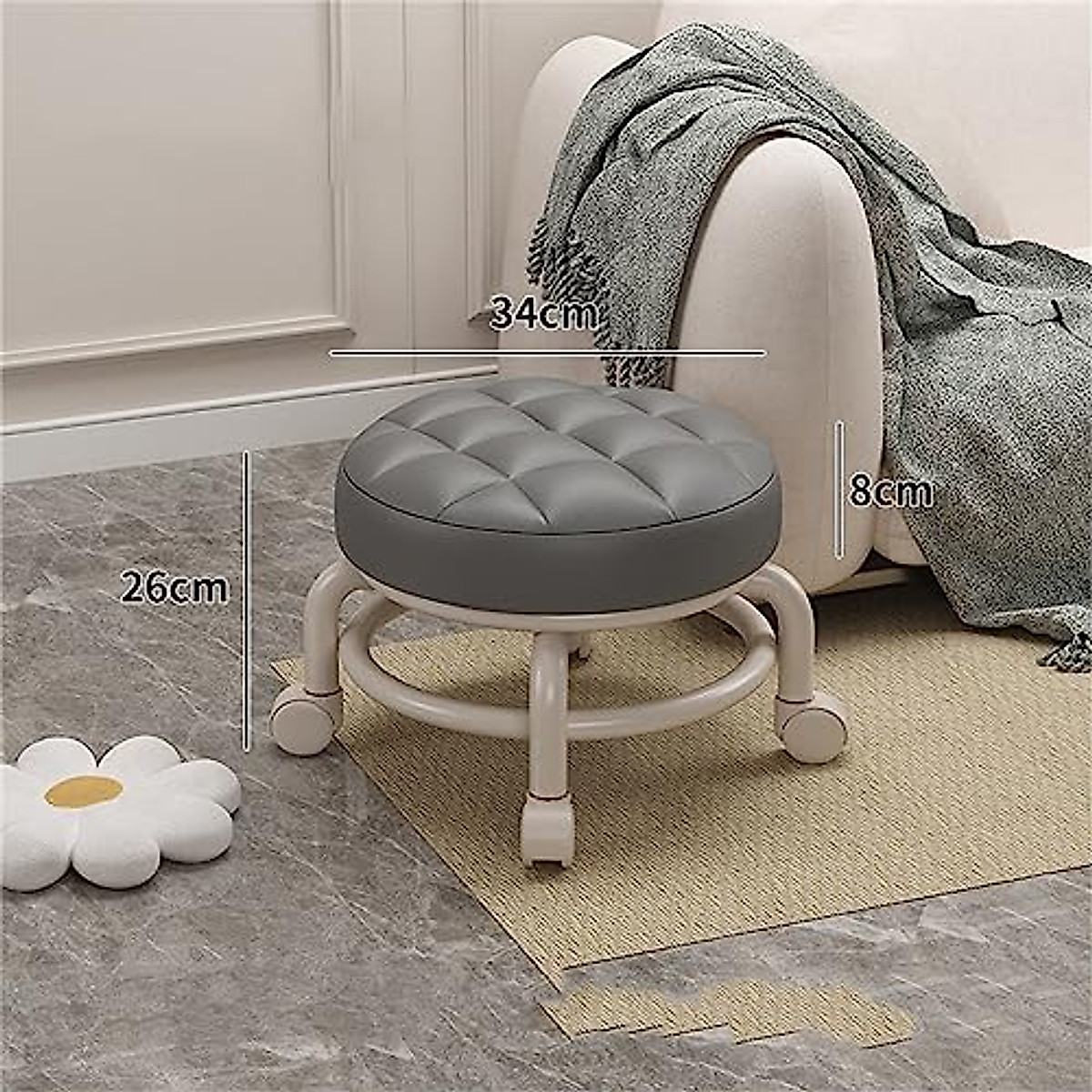 HYMIC Low Roller Stools with Universal Wheel PU Leather Rolling Stool Seats with Mute Wheels for Home Office Fitness Round Roller Seat Stool (Grey)