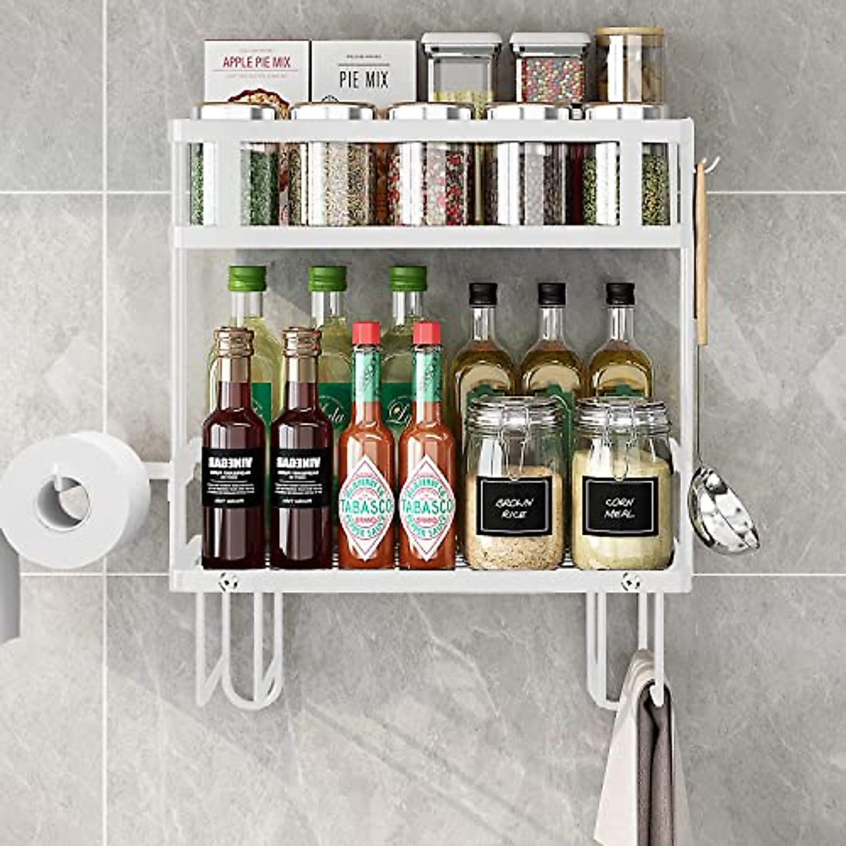 JOYKI Bathroom Over The Toilet Storage Shelf,2-Tier Bathroom Organizer, Restroom Organizers with Adhesive Base and Hooks,Anti-Tilt No Drilling Wall Mounting Rack Toilet Paper Hanger,White
