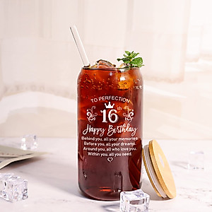 16th Birthday Gifts for Her, Happy 16th Birthday Decorations for Her, Funny 16 Year Old Birthday Gift Ideas for Her, Friends, Sister, Daughter - 16 Oz Can Shaped Glass Cups with Lids and Straws