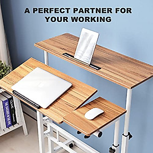 AIZ Adjustable Rolling Desk Cart on Wheels Home Office Computer Workstation, Portable Laptop Tall Table for Standing or Sitting, Oak