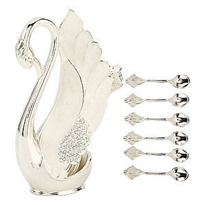 Coffee Spoon Holder Coffee Dessert Spoon Set Alloy Swan Base Holder Spoon Organizer with 6pcs, Modern Style Ice Cream Spoons Teaspoons Coffee Dessert Flatware(Spoon)