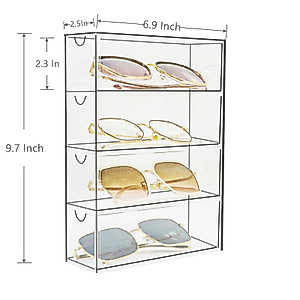 Fordonral Clear Plastic Sunglass Organizer, Transparent Glasses Holder 4 Storage Drawers, Sunglass Case Glasses Display Stand, Acrylic Organizers for Organizing Eyeglass, Hair Ties, Accessories