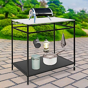 Mobile Double-Shelf Outdoor Grill Cart, Stainless Steel Dining Cart Table with Hooks and Handles, Portable Dining Table for Pizza Oven, Portable Grill Table with Storage Space