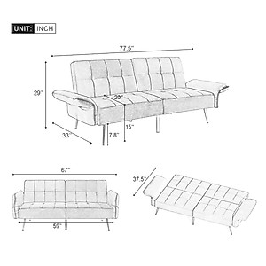 JFUYJK 78" Velvet Futon Sofa Bed, Convertible Sleeper Loveseat Couch with Folded Armrests and Storage Bags for Living Room